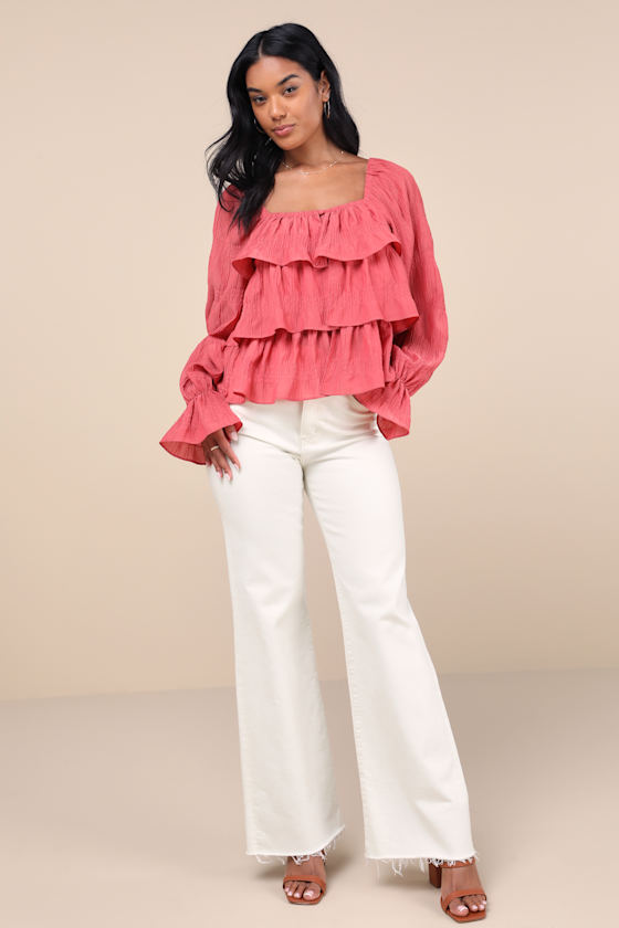 Pink Tiered Top - Ruffled Top - Long Sleeve Button-Up Top - Lulus