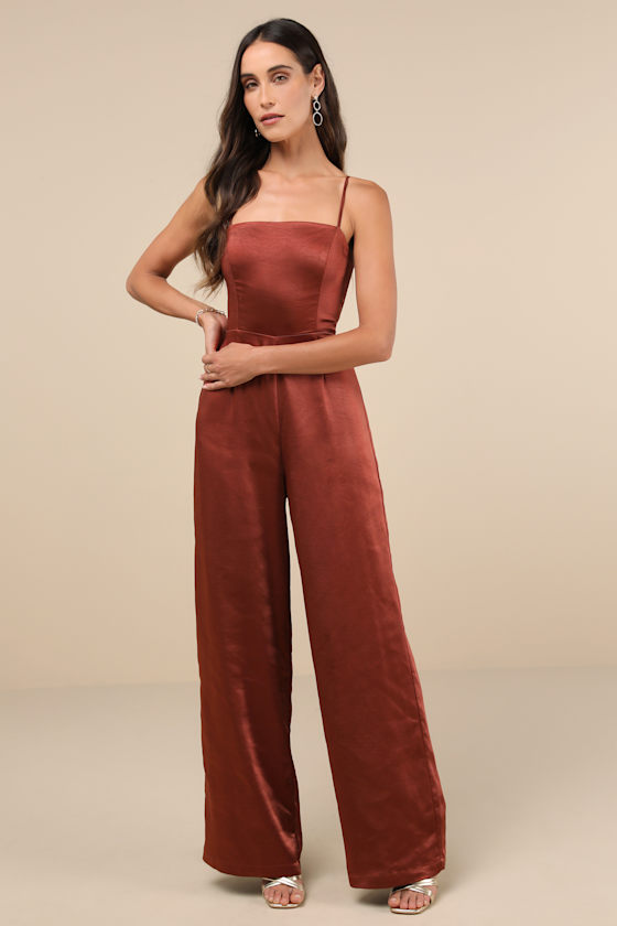 Rust Satin Jumpsuit - Wide-Leg Jumpsuit - Sleeveless Jumpsuit - Lulus