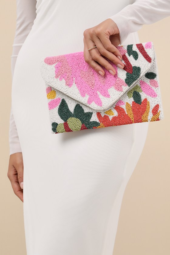 White Multi Floral Clutch - Beaded Clutch - Cute Envelope Clutch - Lulus