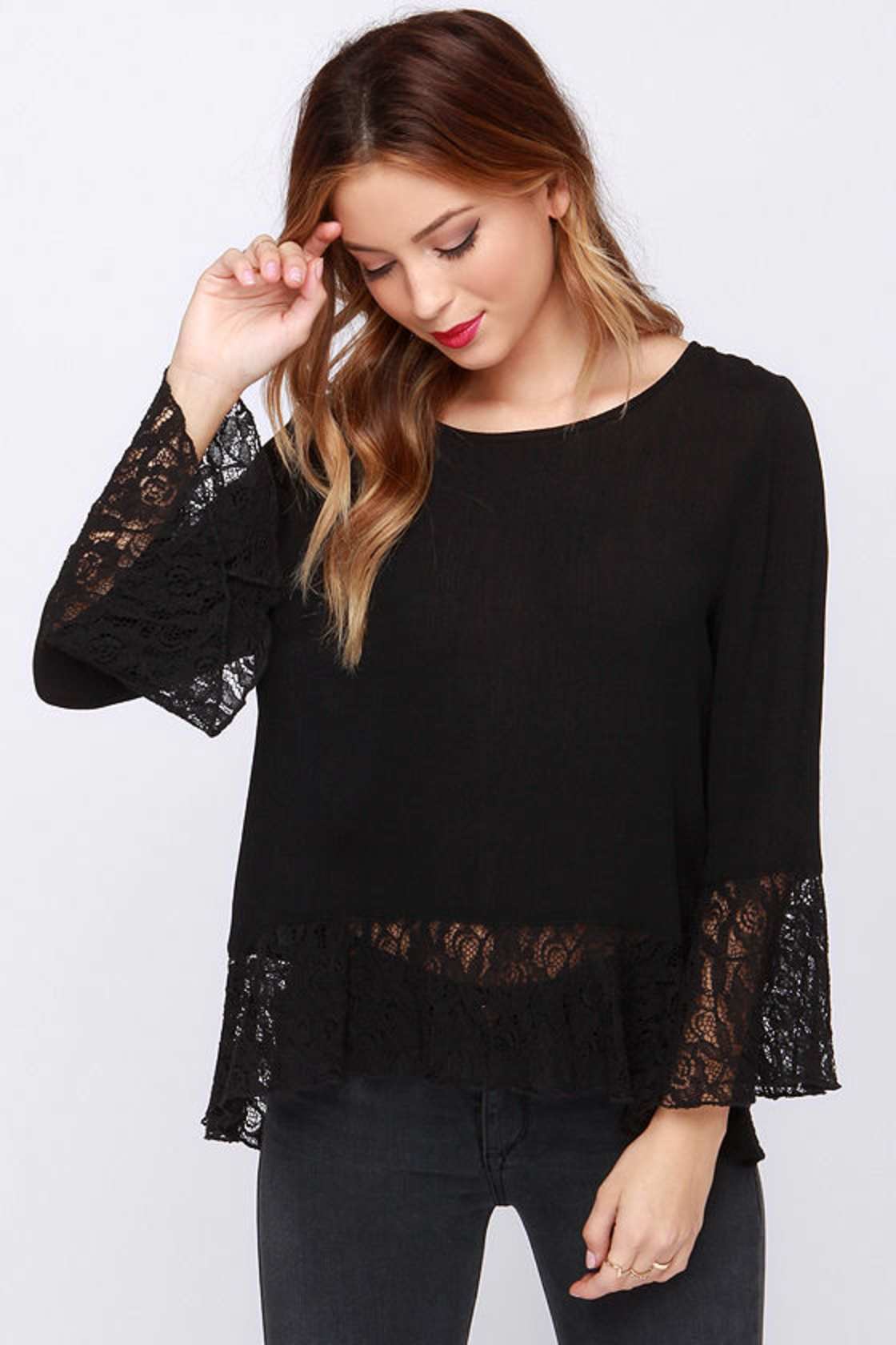 Pretty Black Top - Lace Top - High Low Top - Bell Sleeve Top - $36.00 ...