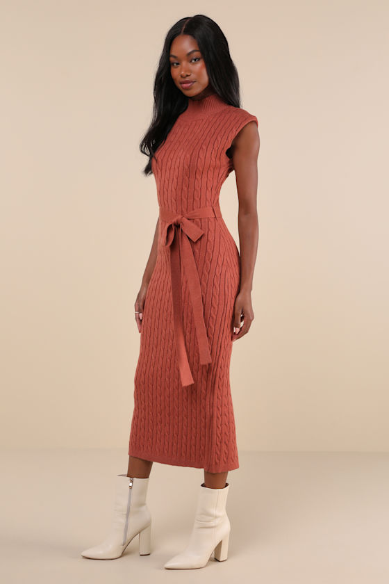 Rust Orange Cable Knit Dress - Mock Neck Dress - Midi Dress - Lulus