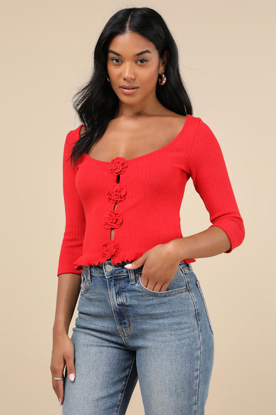 Motel Harpan Top - Red Ribbed Knit Top - Ruffled Rosette Crop Top - Lulus