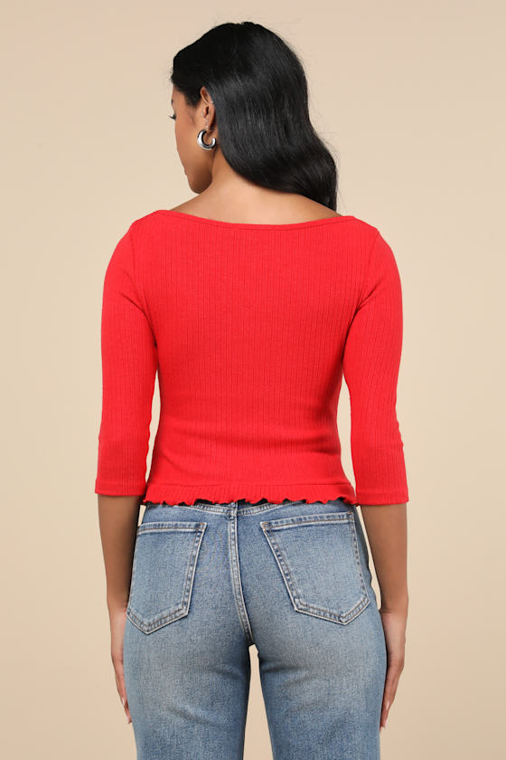 Motel Harpan Top - Red Ribbed Knit Top - Ruffled Rosette Crop Top - Lulus