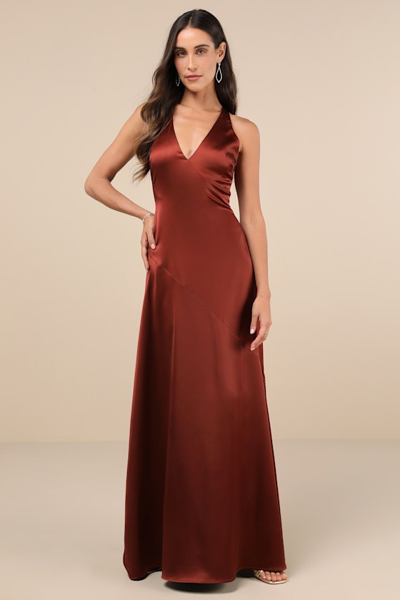 Rust Brown Satin Dress - Twist-Back Maxi Dress - Satin Maxi Dress - Lulus