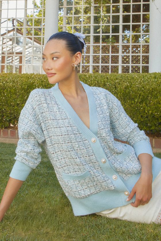 Light Blue Boucle Cardi - Pearl Button Cardigan - Tweed Cardigan - Lulus