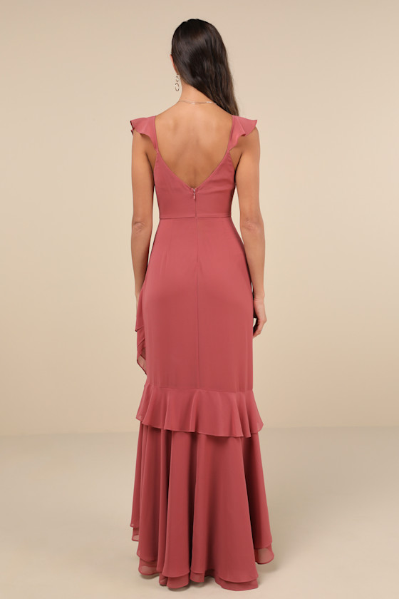 Rusty Rose Maxi Dress - Asymmetrical Dress - Ruffled Maxi Dress - Lulus