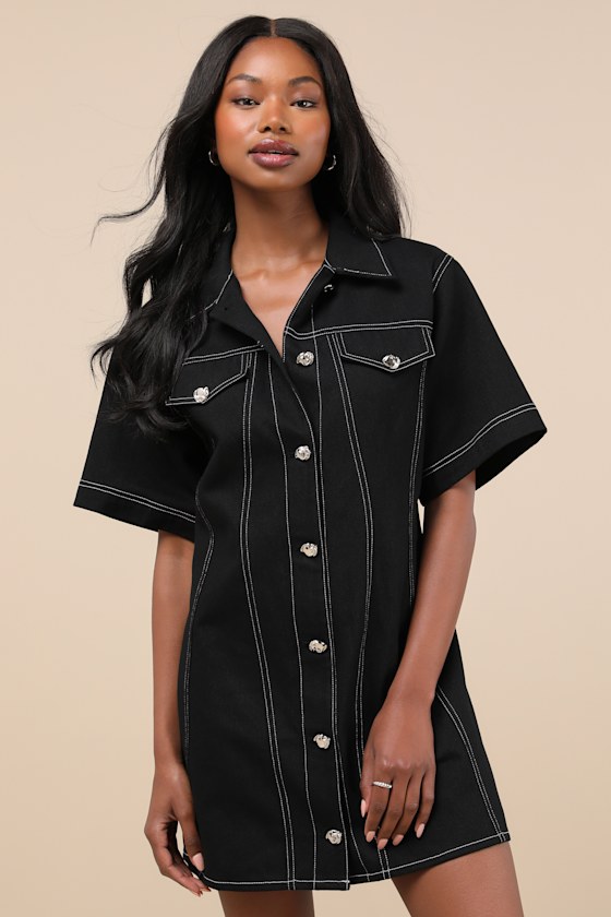 Black Short Sleeve Dress - Twill Dress - Button-Up Mini Dress - Lulus