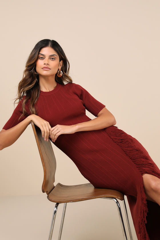 Brick Red Dress - Fringe Dress - Short Sleeve Midi Sweater Dress - Lulus