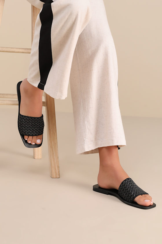 Black Raffia Sandals - Woven Slide Sandals - Flat Slide Sandals - Lulus