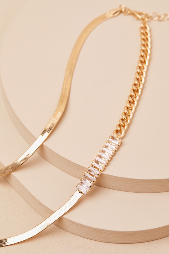 Gold Chain Necklace - Rhinestone Necklace - Herringbone Chain - Lulus