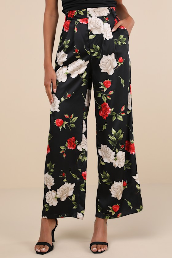 Black Floral Trousers - Floral Satin Trousers - Satin Trousers - Lulus