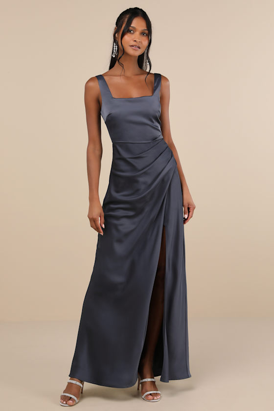Dark Grey Satin Dress - Draped Maxi Dress - Square Neck Dress - Lulus