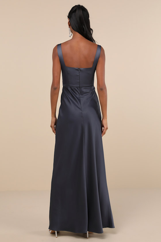Dark Grey Satin Dress - Draped Maxi Dress - Square Neck Dress - Lulus