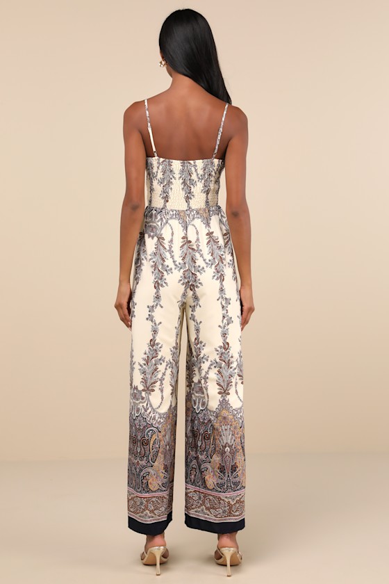 Ivory Paisley Jumpsuit - Smocked Wide-Leg Jumpsuit - Jumpsuit - Lulus