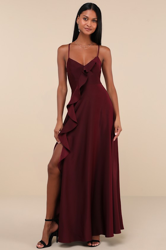 Dark Plum Backless Dress - Lace-Up Ruffled Maxi Dress - Dress - Lulus