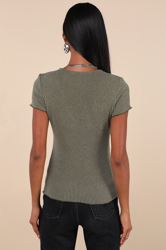 Olive Green Textured Top - Ribbed Knit Top - Short Sleeve Top - Lulus