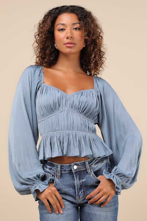 Slate Blue Satin Top - Balloon Sleeve Top - Long Sleeve Satin Top - Lulus