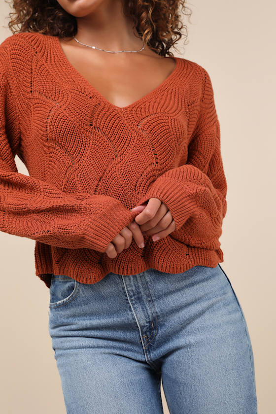 Rust Orange Top - V-Neck Sweater - Pointelle Knit Sweater Top - Lulus