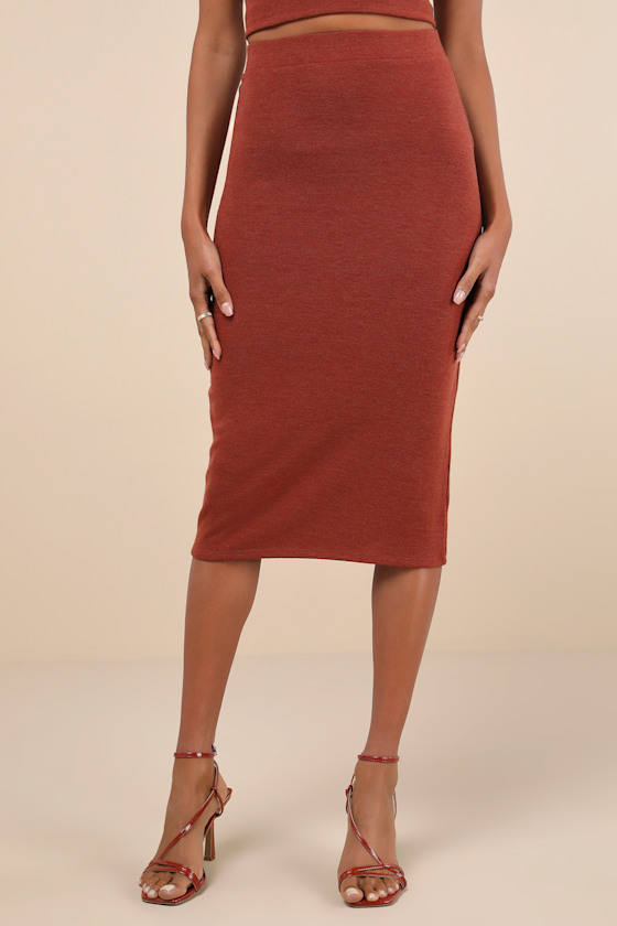 Heathered Rust Red Skirt - Knit Midi Skirt - High-Rise Skirt - Lulus
