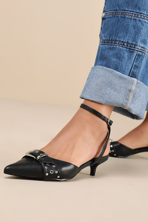 Black Studded Pumps - Buckle Pumps - Kitten Heel Pumps - Pumps - Lulus