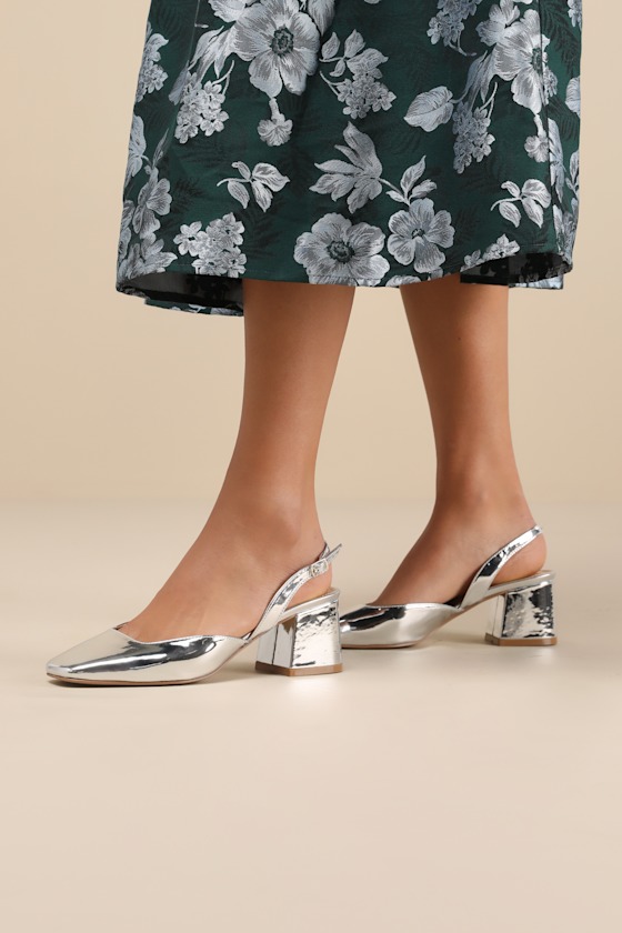 Silver Slingback Pumps - Silver Patent Pumps - Low Heel Pumps - Lulus