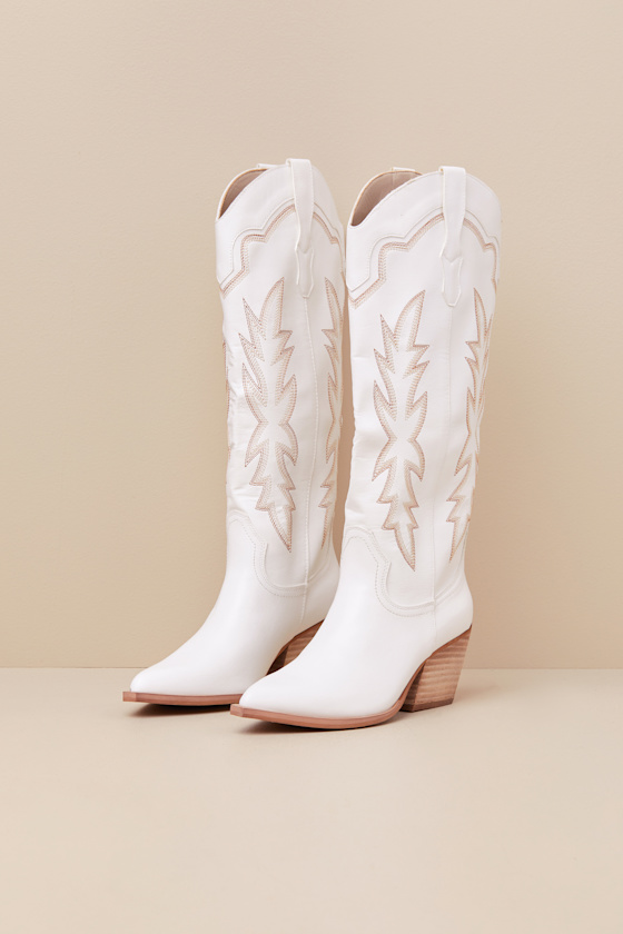 White Western Boots - Knee-High Boots - Embroidered Western Boots - Lulus