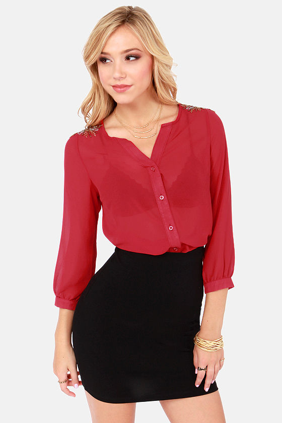 Cute Red Top - Beaded Top - Button-Up Top - $49.00 - Lulus
