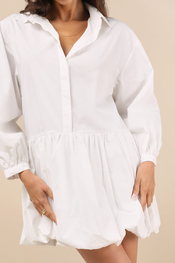 White Collared Dress - Bubble-Hem Mini Dress - Button-Up Dress - Lulus