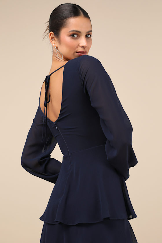 Lulus Flawless Excellence Navy Blue Tiered Long Sleeve Maxi Dress ...