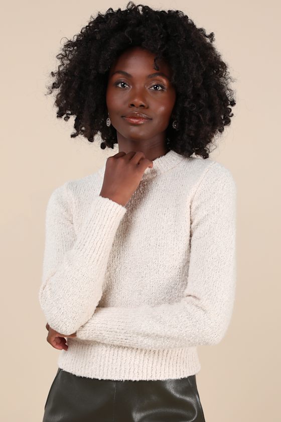 Ivory Boucle Knit Sweater - Crew Neck Sweater - Pullover Sweater - Lulus