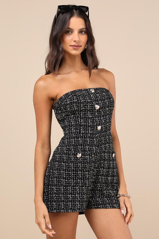 Black Tweed Romper - Strapless Romper - Black Lurex Romper - Lulus