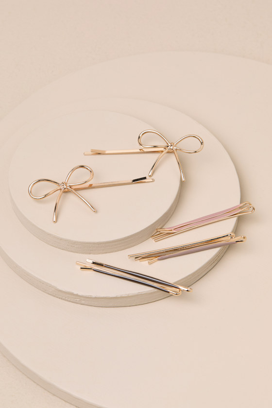 KITSCH - Gold and Pink 8-Piece Bobby Pin Set - Bow Bobby Pins - Lulus