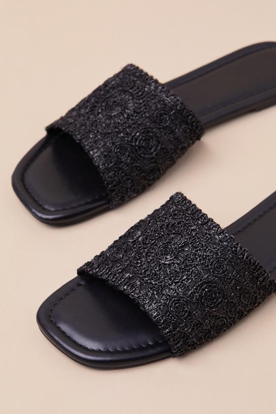 Black Slide Sandals - Flat Slide Sandals - Woven Slide Sandals - Lulus