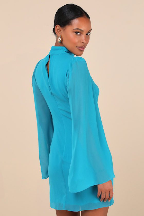 Teal Blue Mini Dress - Bell Sleeve Dress - Mock Neck Dress - Lulus
