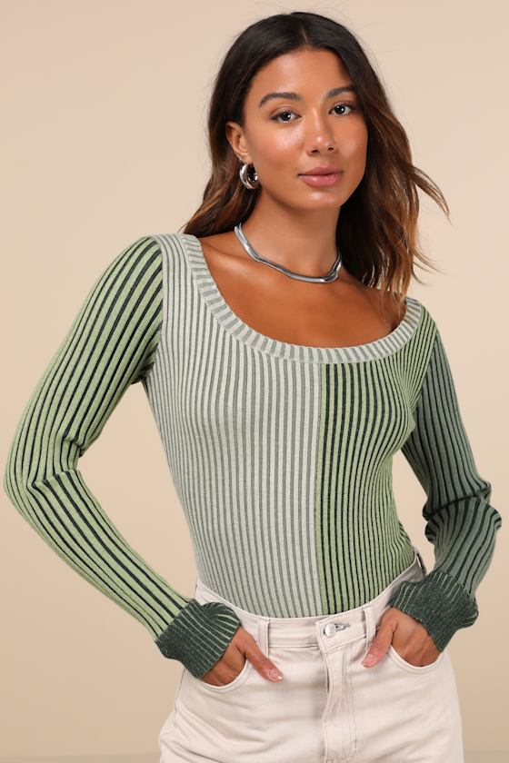 Green Color Block Bodysuit Ribbed Top Scoop Neck Bodysuit Lulus