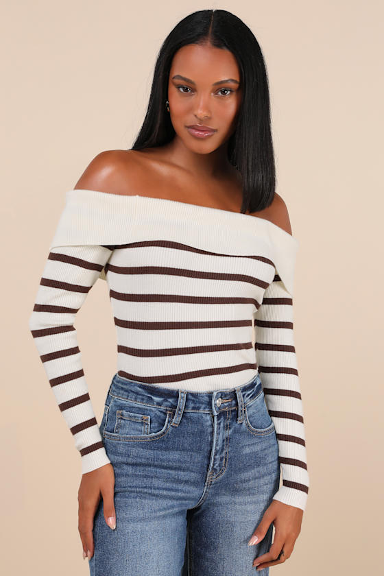 Cream Striped Top - Ribbed Long Sleeve Top - Off-the-Shoulder Top - Lulus
