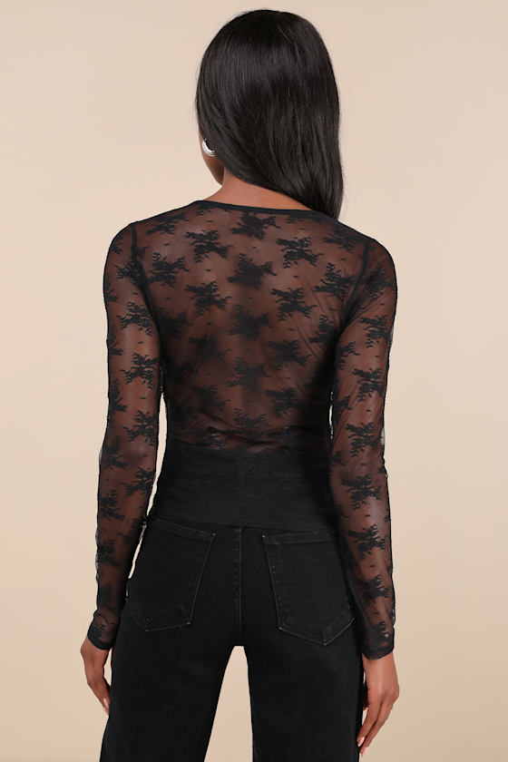 Black Lace Top - Sheer Back Top - Lacy Long Sleeve Top - Top - Lulus