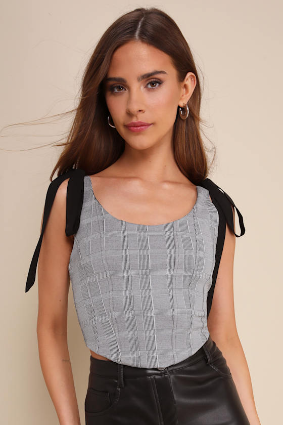 Cute Black and Ivory Plaid Top - Crop Top - Tie-Strap Top - Lulus