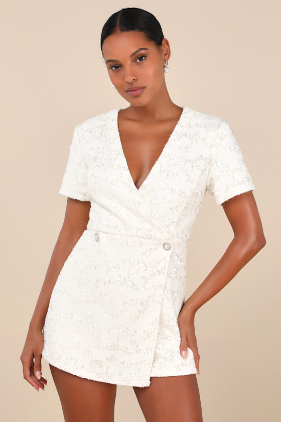 Cream Skort Romper - Sequin Tweed Romper - Short Sleeve Romper - Lulus