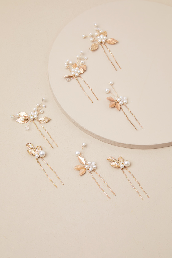 Gold Seven-Piece Hair Pin Set - Floral Pearl Pin Set - Hair Pins - Lulus