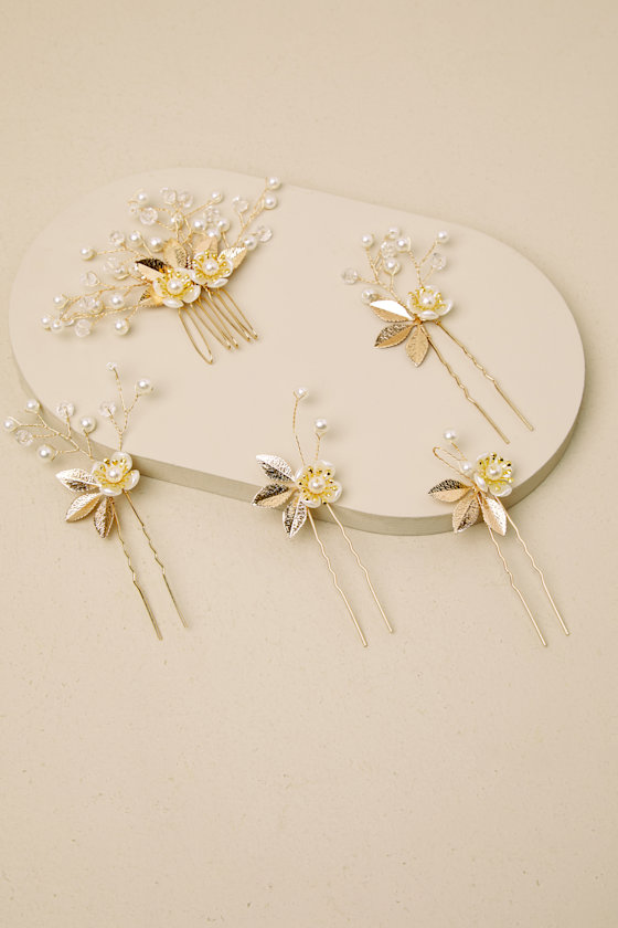 Gold Pearl Flower Hair Pins - 5-Piece Hair Pin Set - Hair Pin Set - Lulus