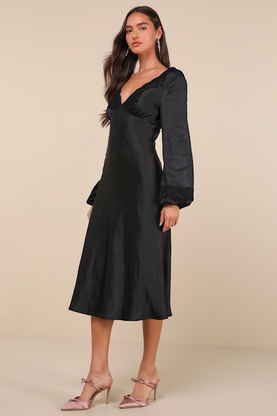 Black Satin Midi Dress - Long Sleeve Dress - Lace-Trimmed Dress - Lulus