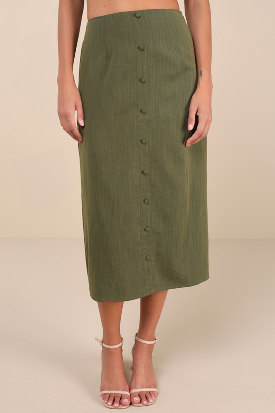 Olive Green Skirt - Button-Front Skirt - Chic Midi Skirt - Skirt - Lulus