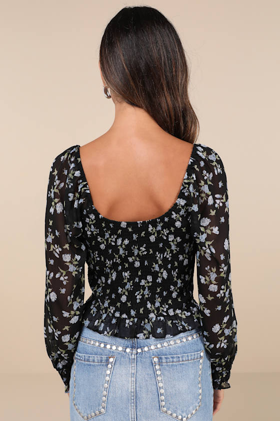 Black Floral Ruffle Top - Long Sleeve Top - Drawstring Ruched Top - Lulus