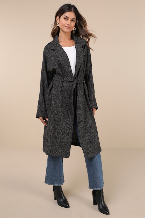 Black and White Tweed Coat - Trench Coat - Belted Trench Coat - Lulus