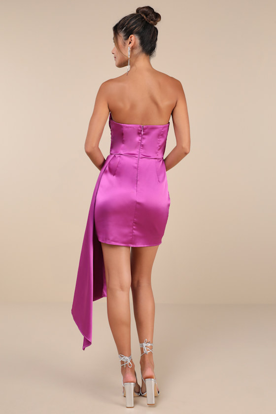 Magenta Satin Mini Dress - Dress with Sash - Cowl Neck Mini Dress - Lulus