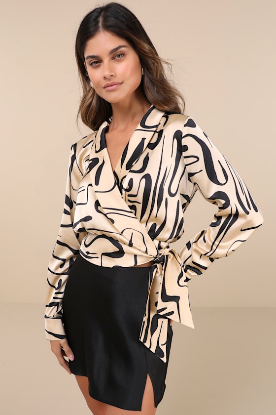 Beige Abstract Print Top - Satin Wrap Top - Collared Wrap Top - Lulus