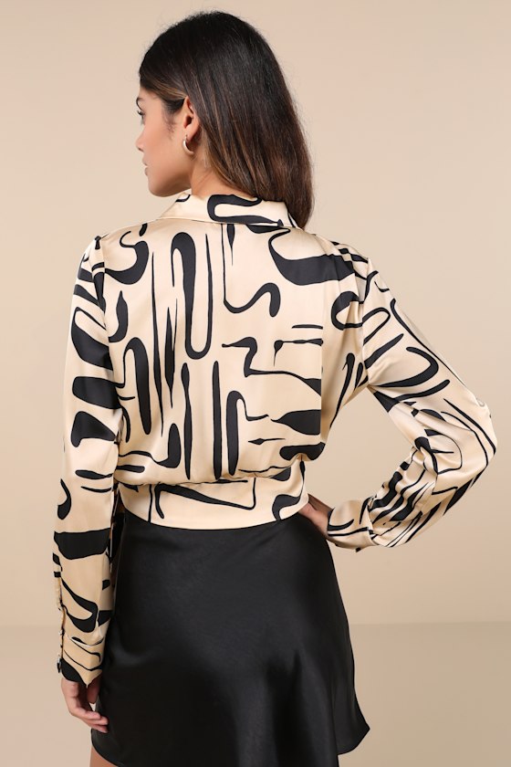 Beige Abstract Print Top - Satin Wrap Top - Collared Wrap Top - Lulus