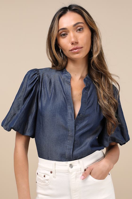 Dark Blue Chambray Top - Puff Sleeve Top - Button-Up Top - Top - Lulus