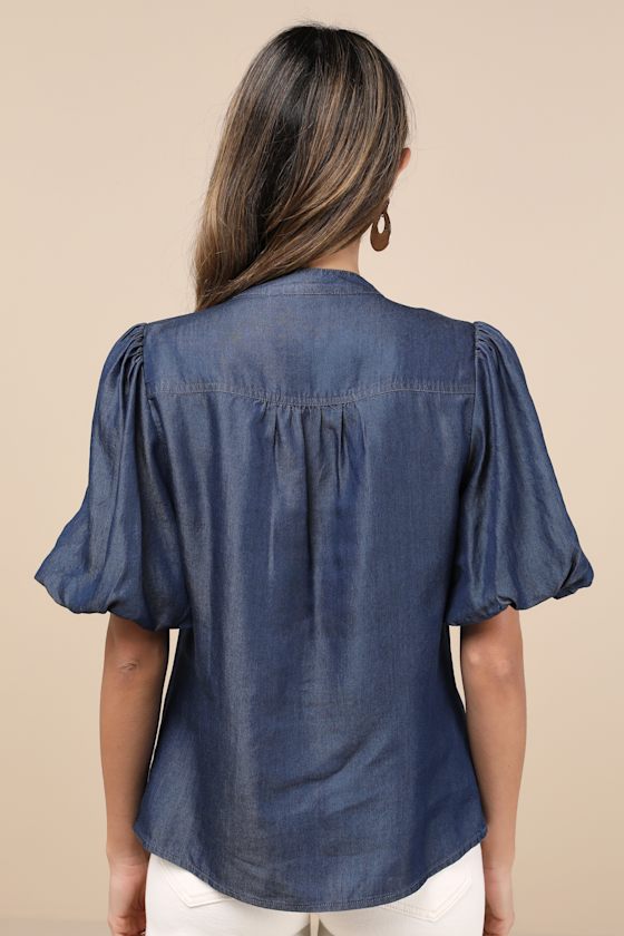 Dark Blue Chambray Top - Puff Sleeve Top - Button-Up Top - Top - Lulus